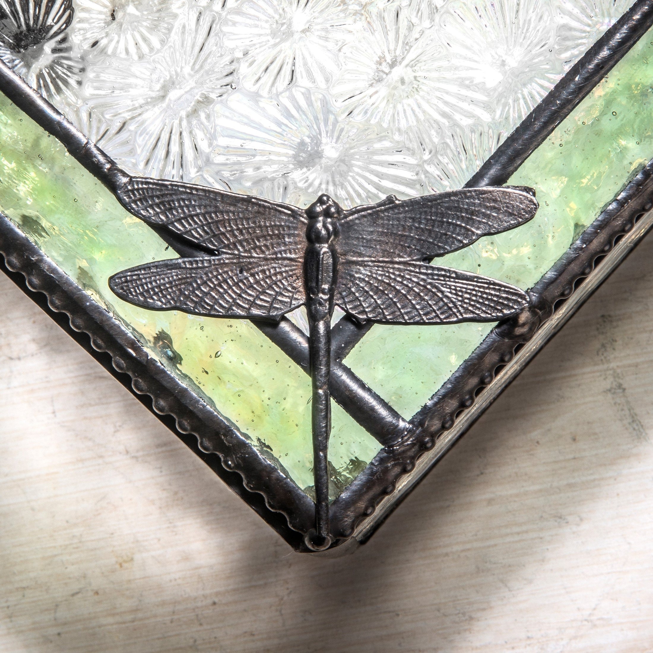 Box 141 Sage and Clear Florentine Glass Box with Dragonfly Accent – J ...